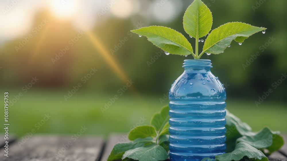Recycle to save wildlife. A small plant sprouts from a blue plastic ...