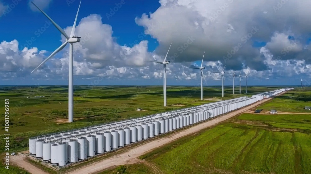 Wind energy harvesting action battery storage farm coastal landscape ...