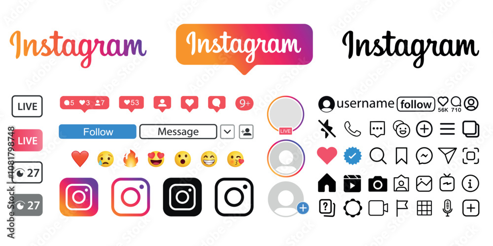 Assorted Instagram icons, reaction emojis, and interface options ...