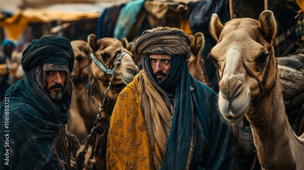 A group of Berber nomads dressed in traditional clothing, standing ...