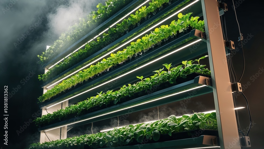 Large-Scale Vertical Farm Facility with Stacked Shelves of Greens and ...