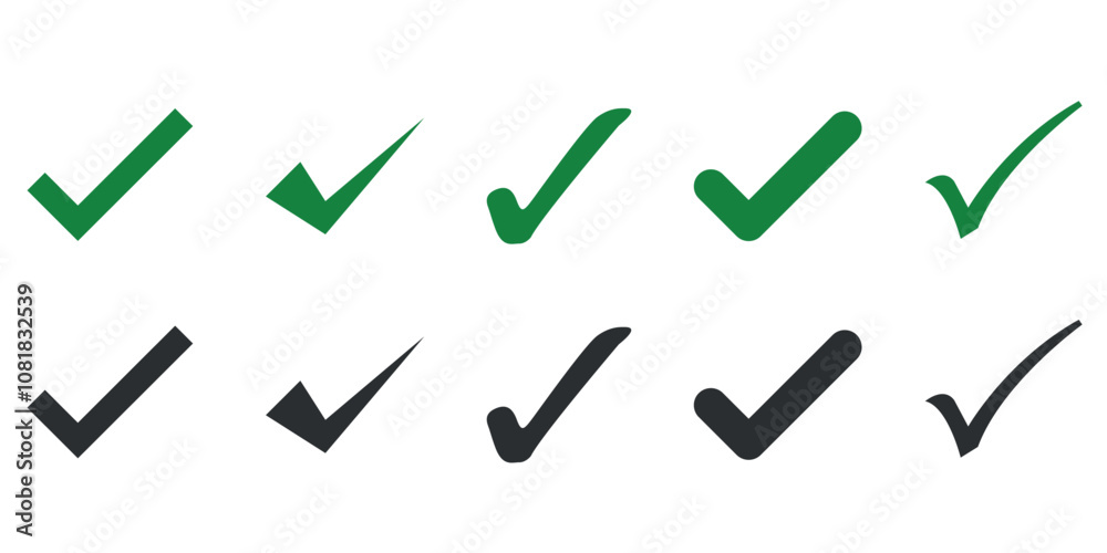 Assortment of check mark icons in green and black styles. Symbols for ...