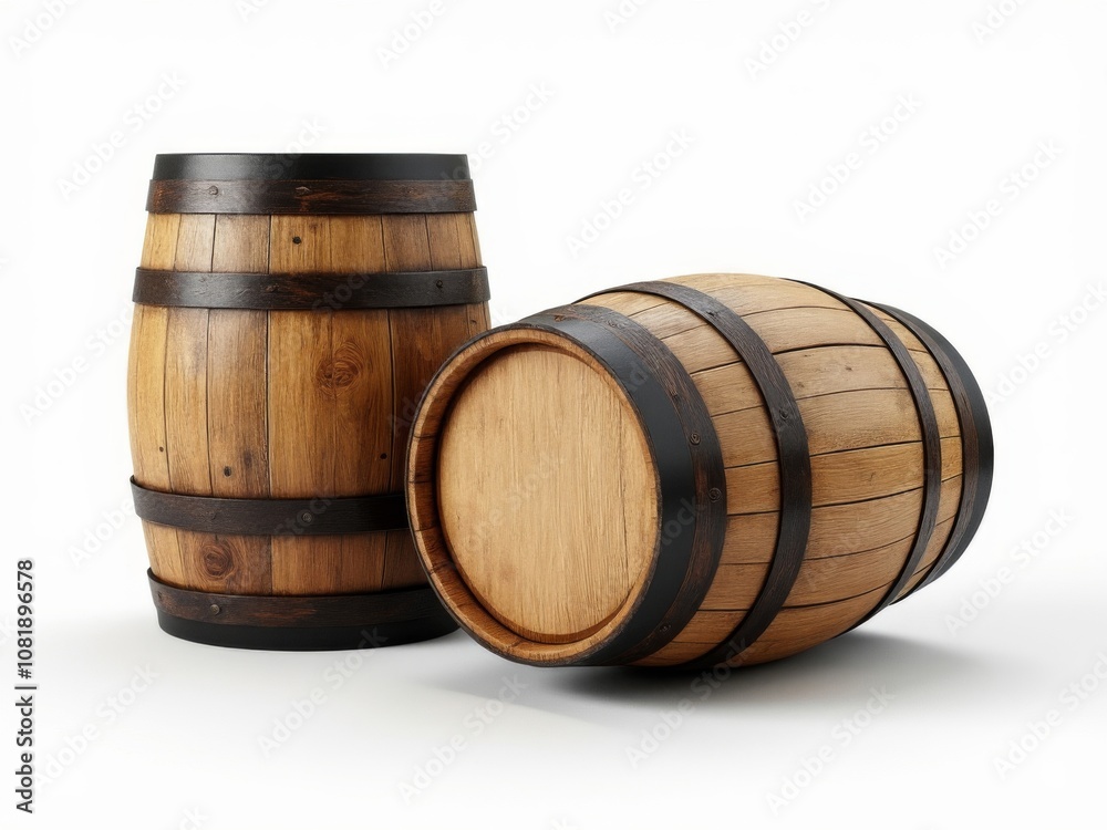 Two wooden barrels with metal hoops on a white background, one upright ...