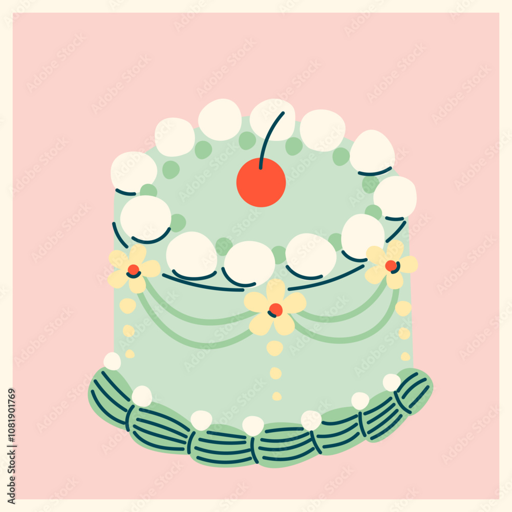 Cute retro cake with cherry in coquette style. Hand drawn nostalgic ...