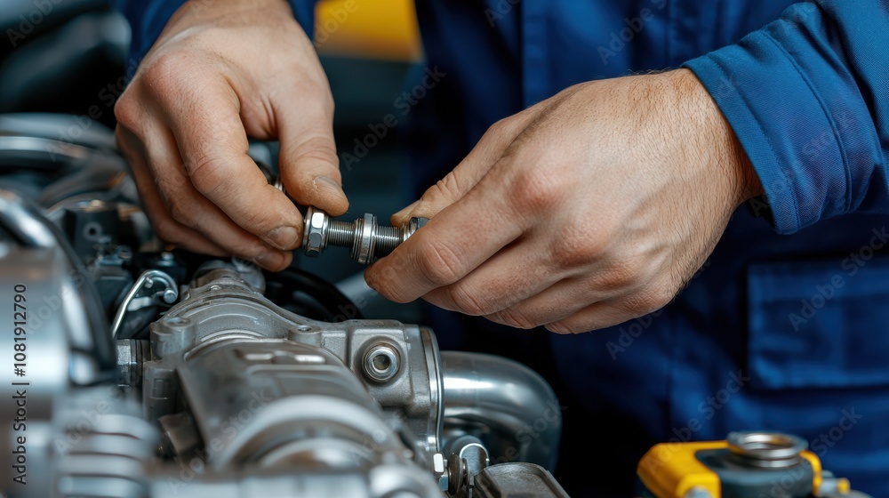 A close-up of hands repairing a mechanical component, showcasing tools ...
