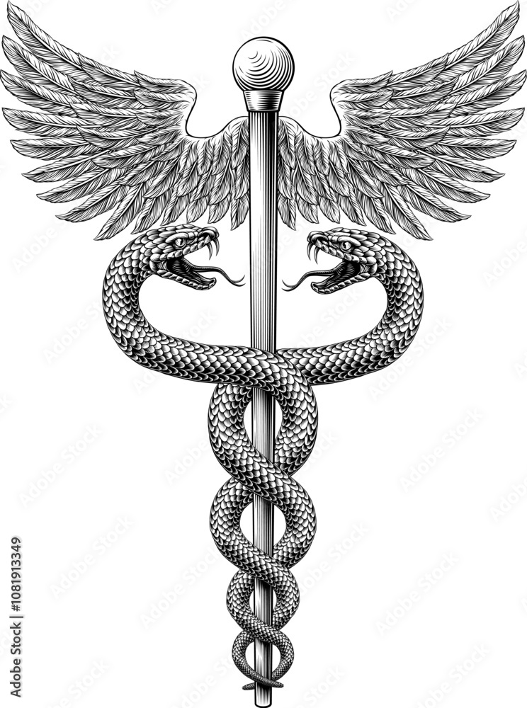 Caduceus staff of Hermes medical or commerce symbol. Snakes around a ...