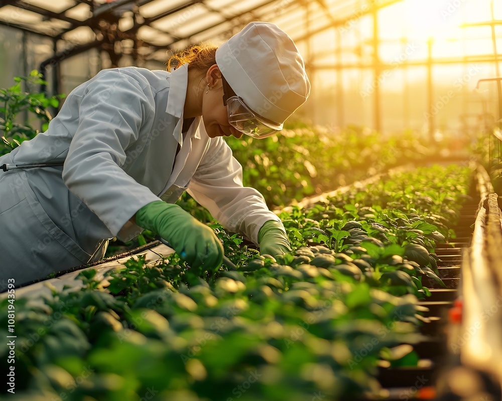 Scientist Tending to Genetically Modified Plants in Greenhouse Lab for ...