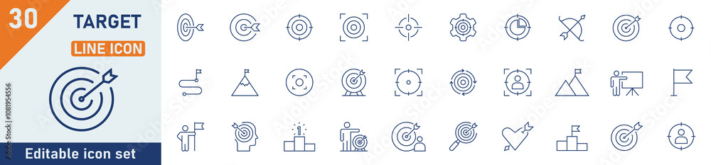 Target line icon set. Set of 30 outline icons related to target, goal ...