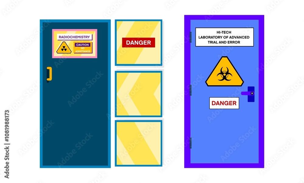laboratory doors, radiation and biohazard warnings, door is labeled ...