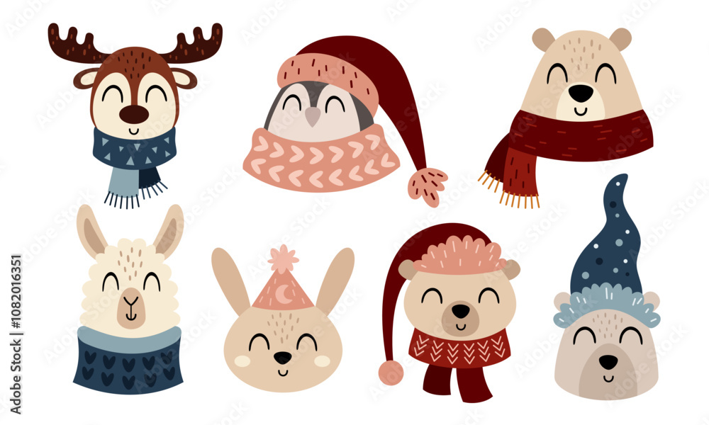 เวกเตอร์ Stock Winter animals clipart. Cute animal faces clipart ...