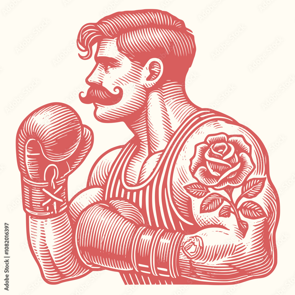 Boxer Vector Illustration Featuring a Strong Man with Mustache, Boxing ...