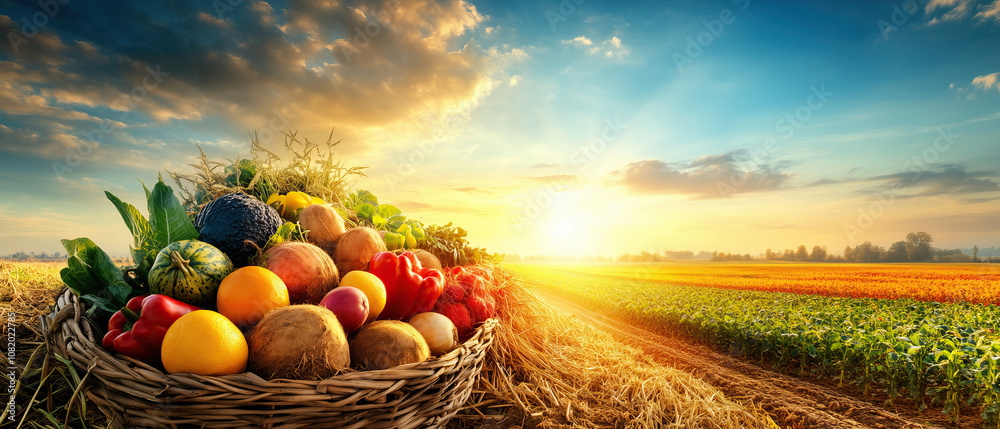 Ripe harvest of fresh vegetables and fruits in a farm field at sunrise ...