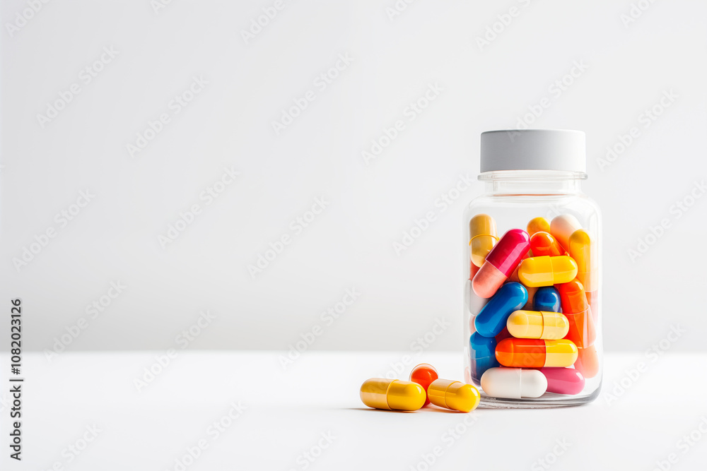 Bote de pastillas de colores sobre fondo blanco con espacio para texto ...