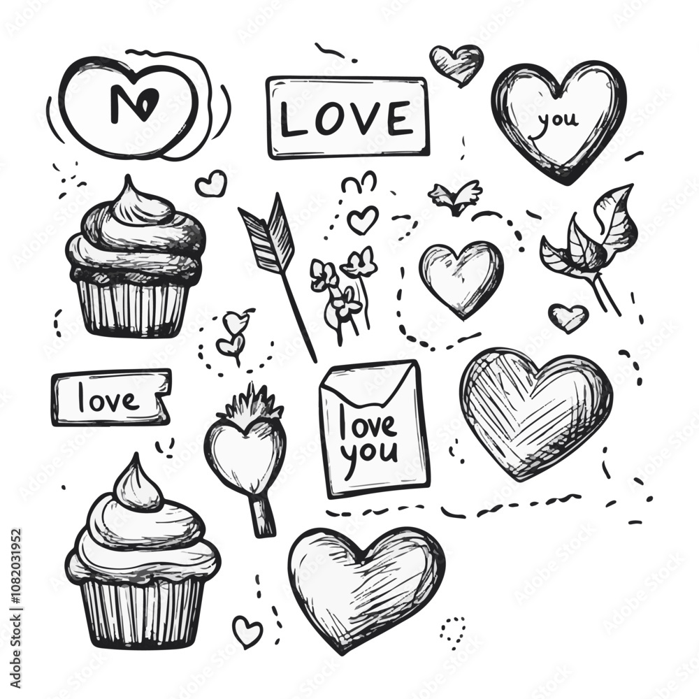 Vector doodle-style Valentine's Day clipart, black and white vector ...