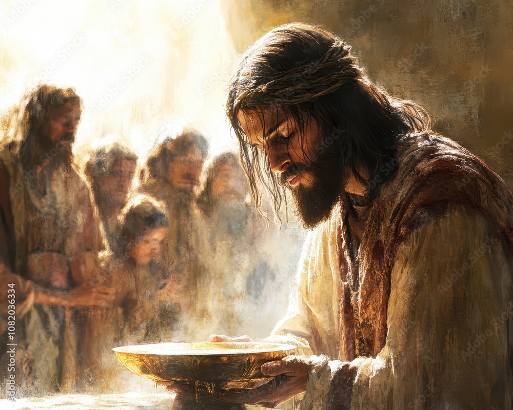 Jesus humility scene, soft light cascading over a moment of service ...