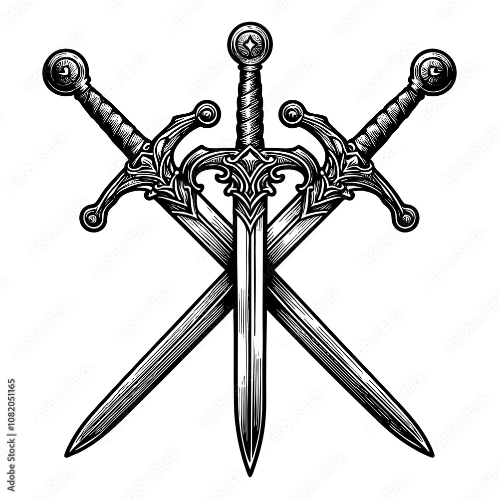 three crossed medieval swords in black and white, vintage engraving ...