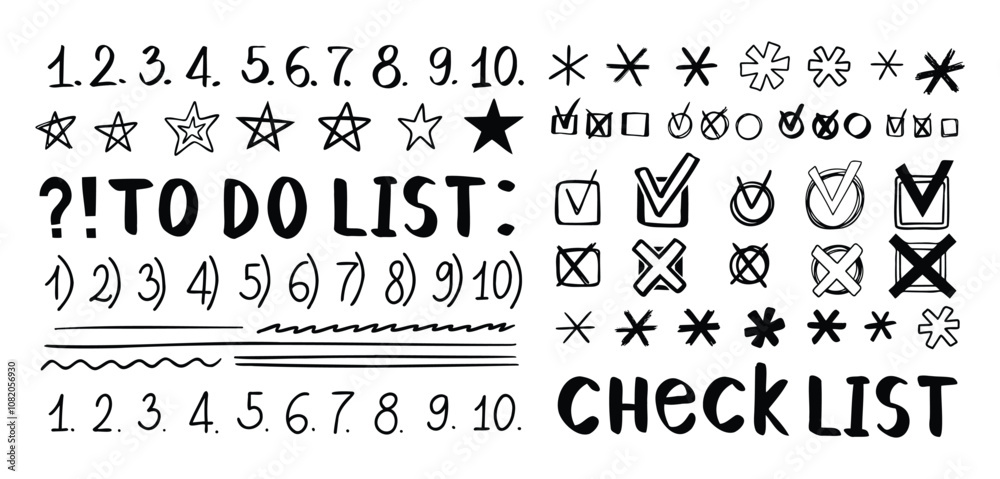 Doodle checklist, hand drawn check marks, asterisks and numbers. To do ...