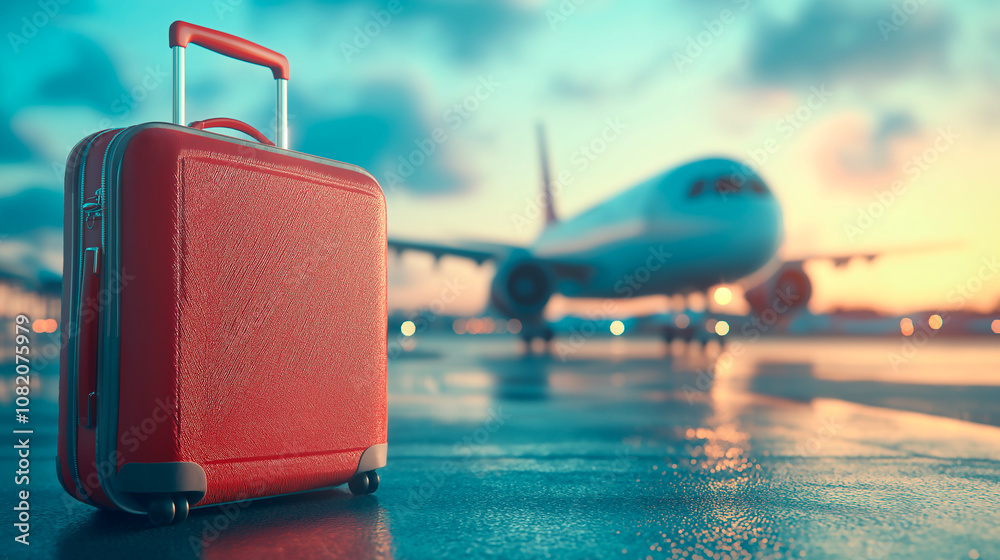 travel concept, suitcase in an airport, vibrant lighting, rolling ...