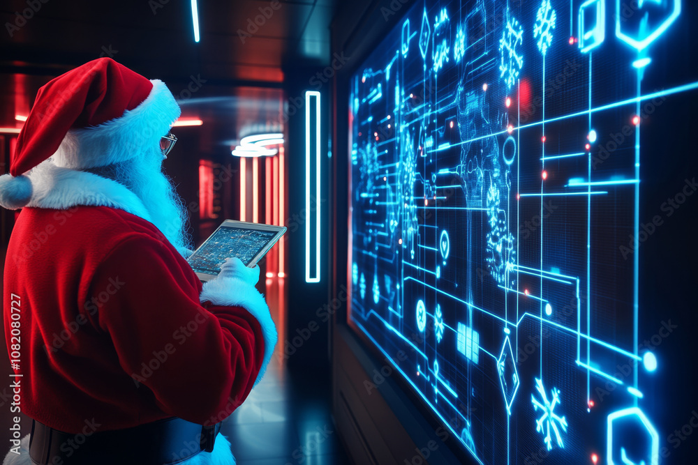 Santa Claus in a modern control room plans the distribution of gifts ...