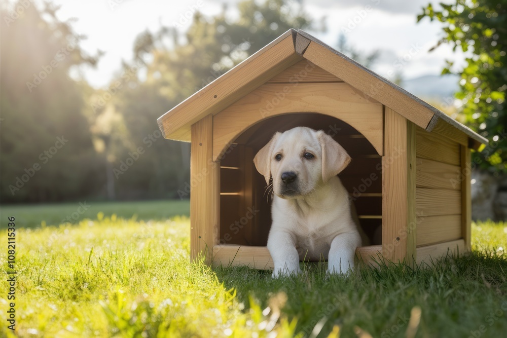 Puppy's First Home: A sweet labrador puppy sits in its new wooden ...
