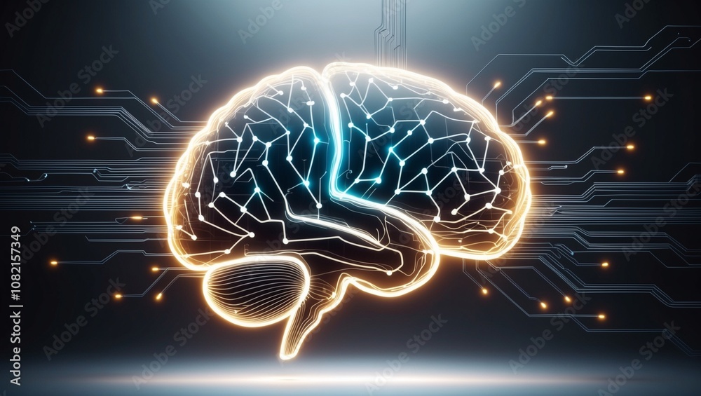 Artistic rendering of a neural network as a floating, digital brain outlined with illuminated ...