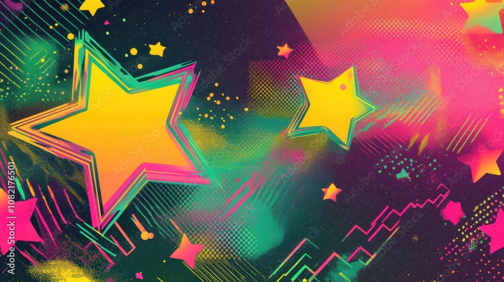 70s pixel art with stars and hexagons outlined in bold lines on a ...