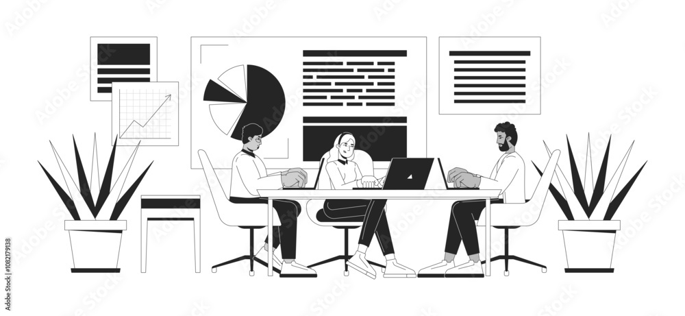 Teamwork benefits linear illustration. Company staff. Multiracial ...