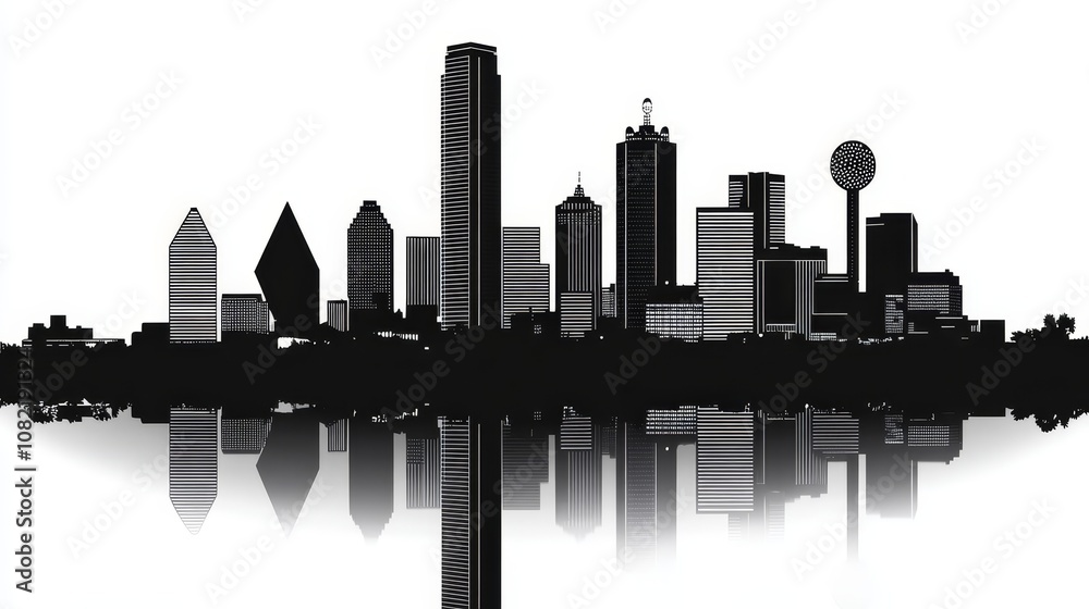 Dallas skyline silhouette with iconic landmarks, in a stylish black and ...