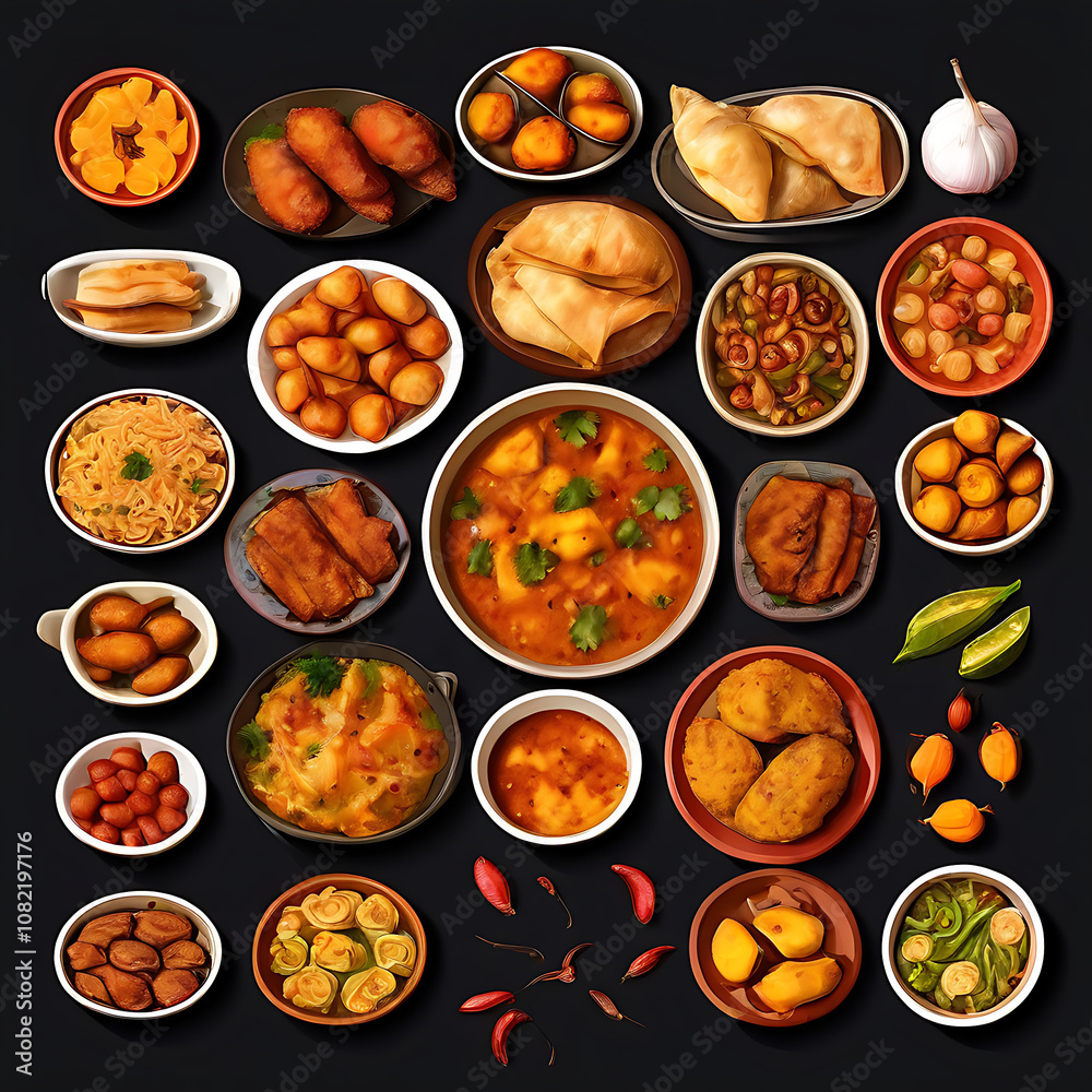 Ilustrace Set of all Indian Desi foods, top view. Asian cuisines set ...