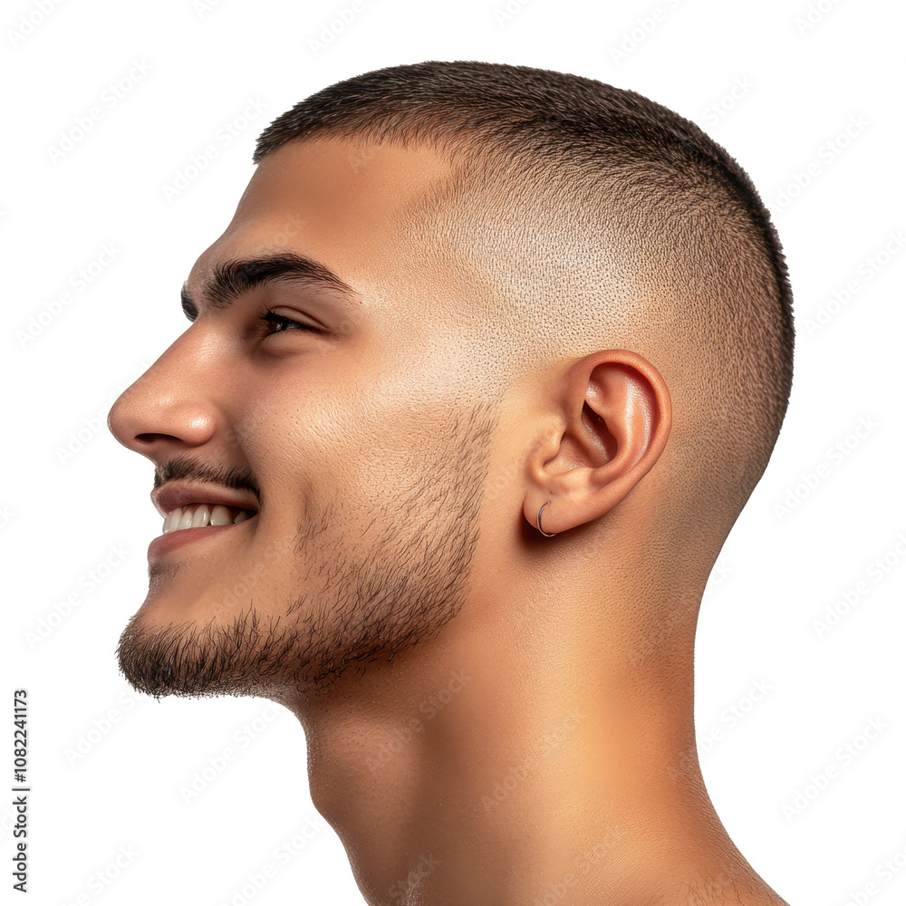 Isolated side view portrait of young man with buzz cut hairstyle and ...