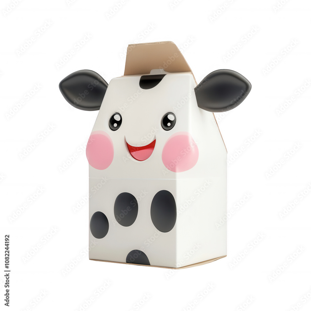 Cute cartoon milk carton with a smiling face and cow design, isolated ...