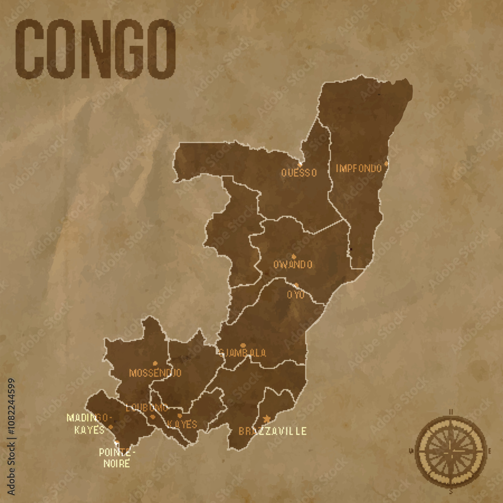 Vintage CONGO Map with Regions Borders and Major Cities Positions Stock ...