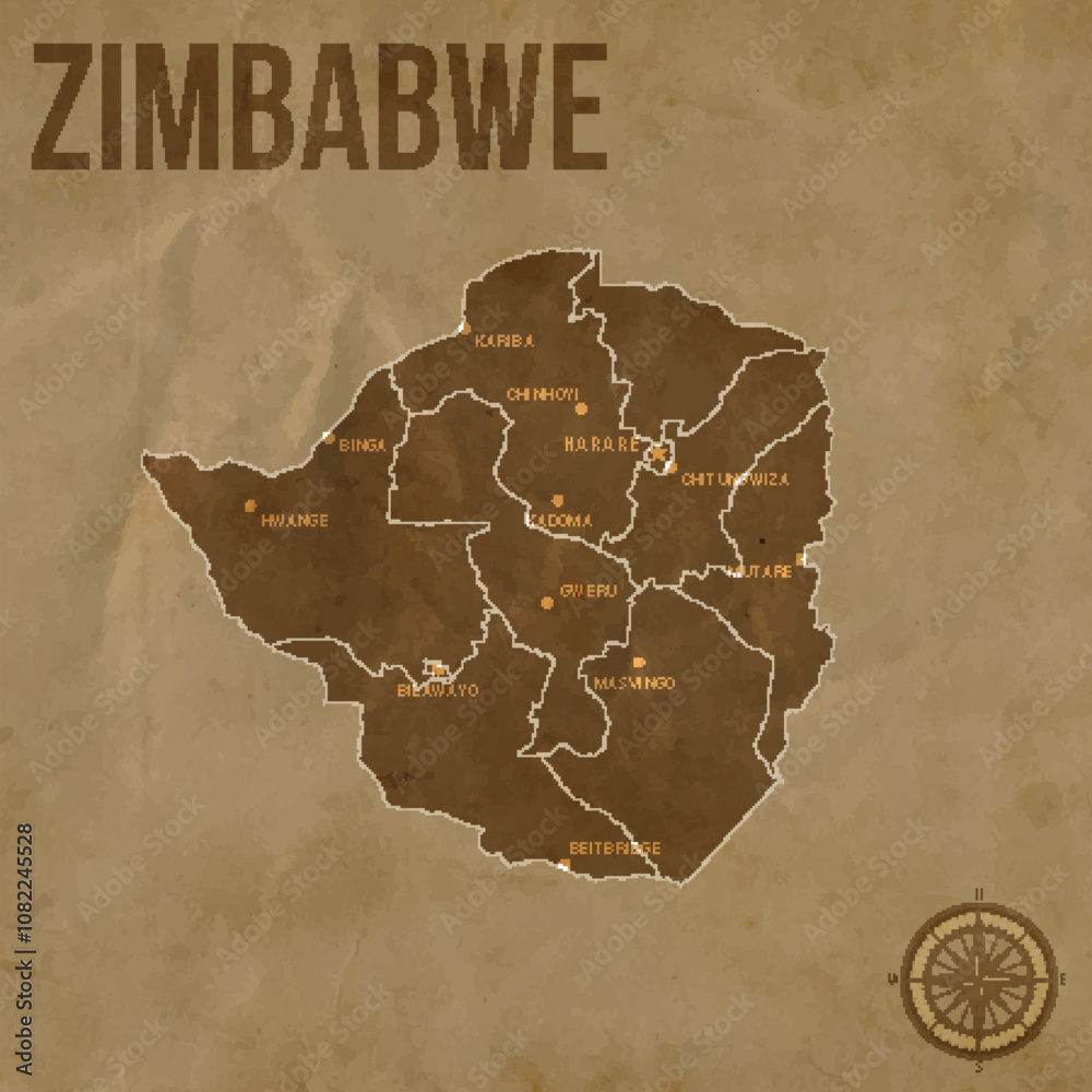 Vintage ZIMBABWE Map with Regions Borders and Major Cities Positions ...