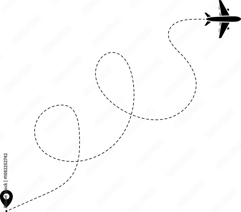 Airplane line path icon of air plane flight route with start point and ...