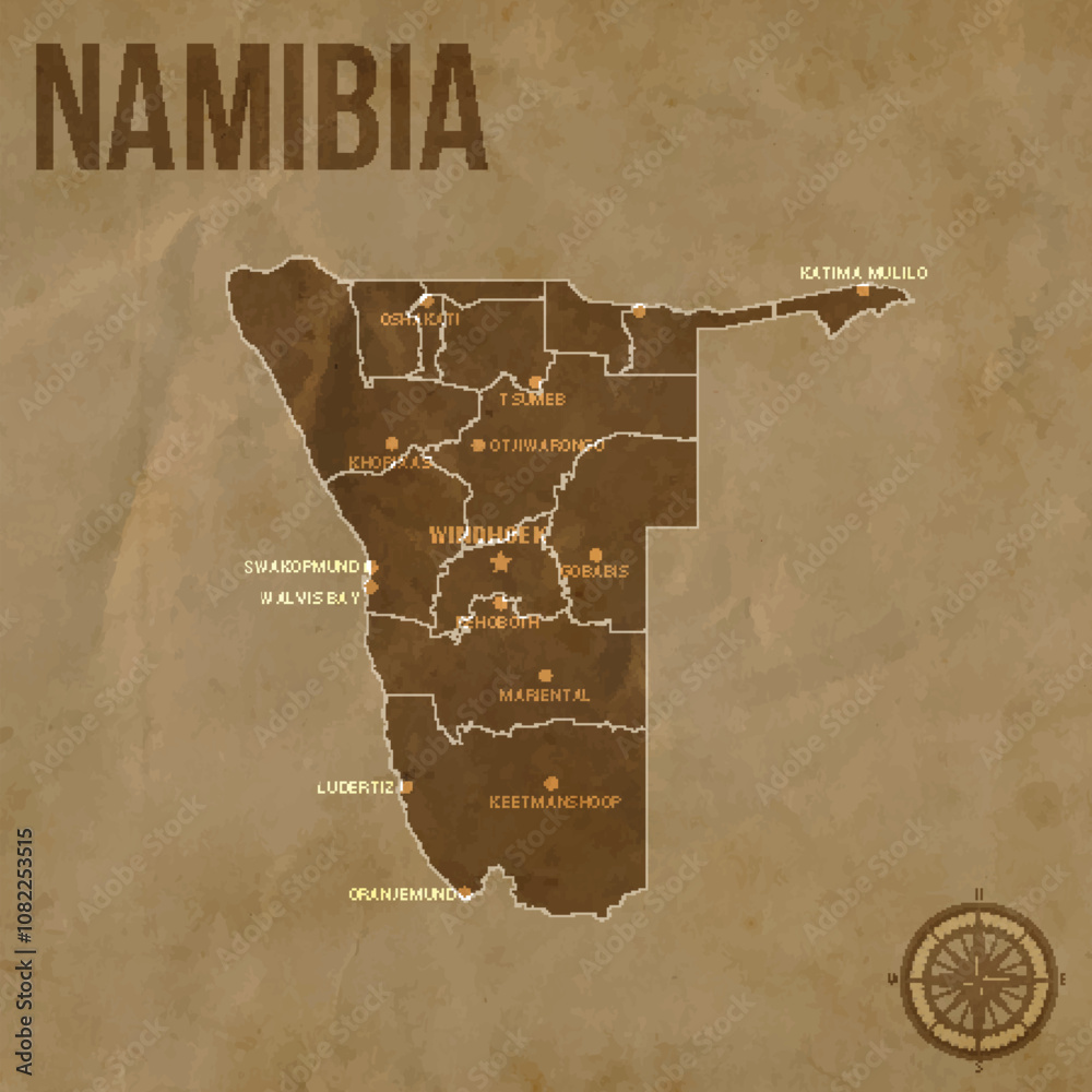Vintage NAMIBIA Map with Regions Borders and Major Cities Positions ...