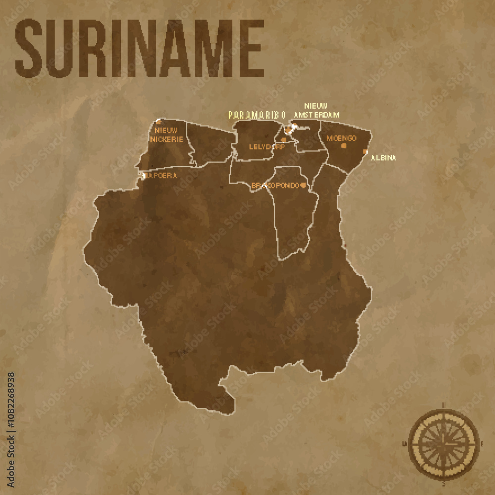 Vintage SURINAME Map with Regions Borders and Major Cities Positions ...