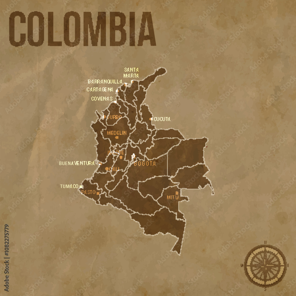 Vintage COLOMBIA Map with Regions Borders and Major Cities Positions ...
