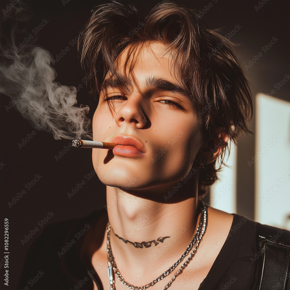 Portrait of a very attractive gay male model smoking, guy looking cool ...