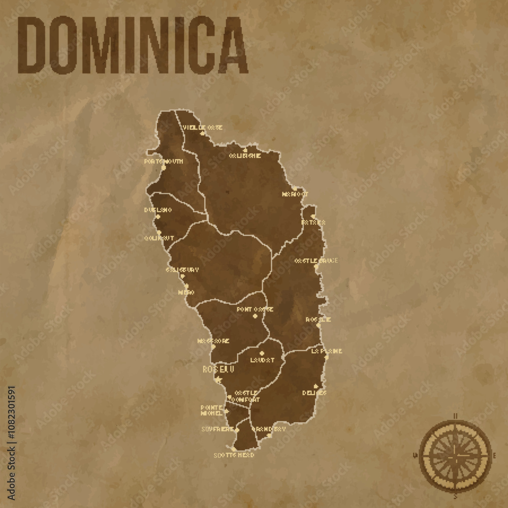 Vintage DOMINICA Map with Regions Borders and Major Cities Positions ...