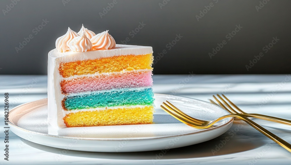 Colorful Rainbow Cake Slice on Pastel Plate with Golden Fork - High ...