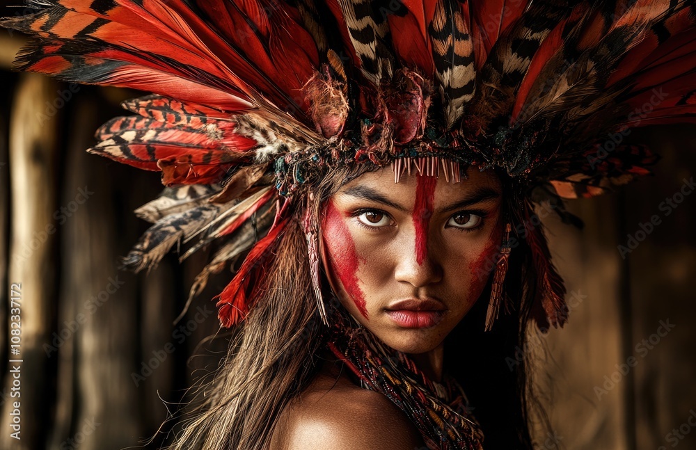 an indigenous woman from the Amazon, wearing traditional attire and ...