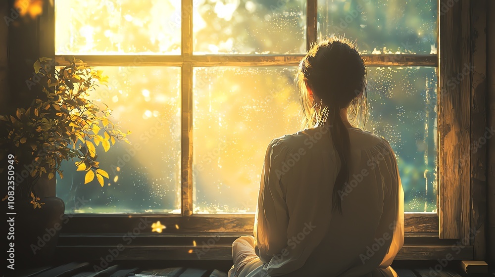 Midday sun streaming through windows, yet the woman looks tired Stock ...