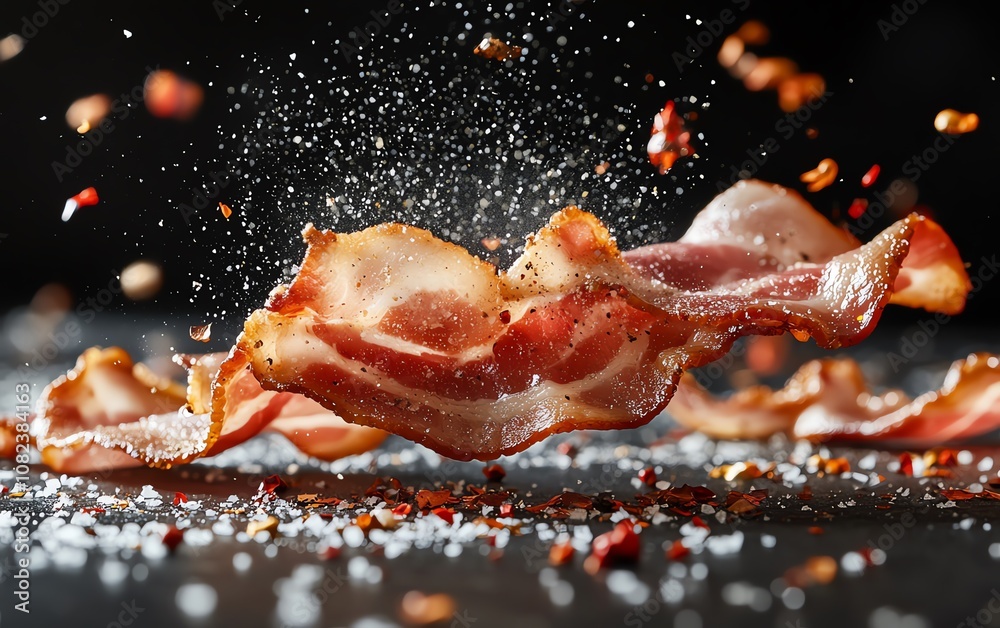 Flying bacon in motion with pepper and salt falling around, dark ...