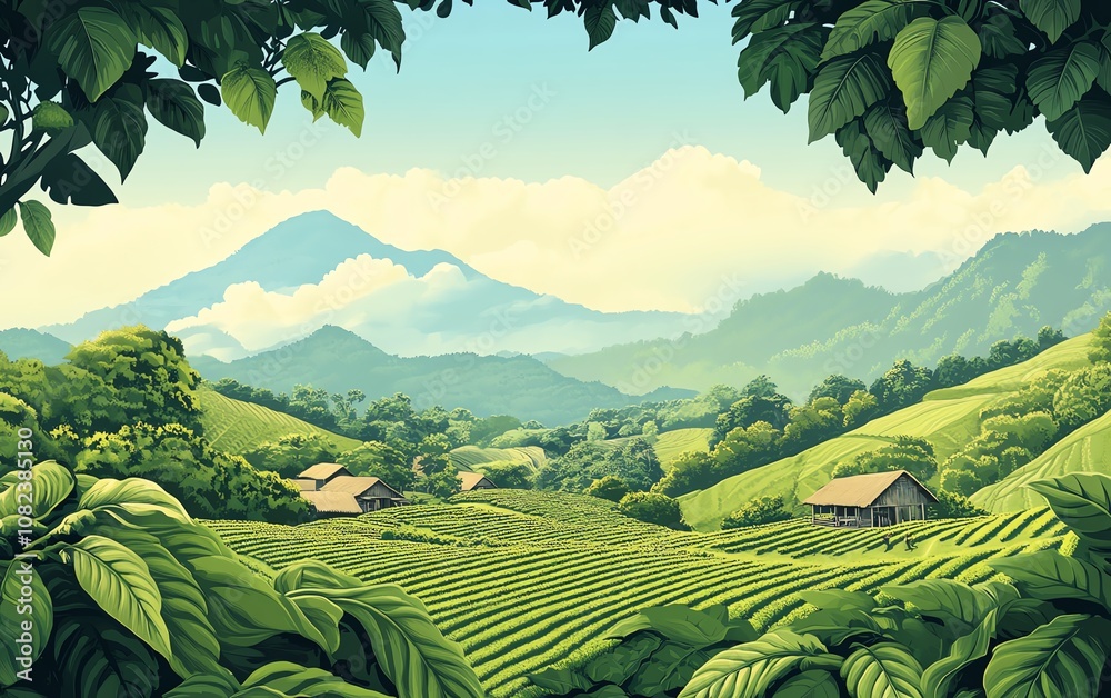 Indonesian coffee farm with farmers picking beans, tropical backdrop ...