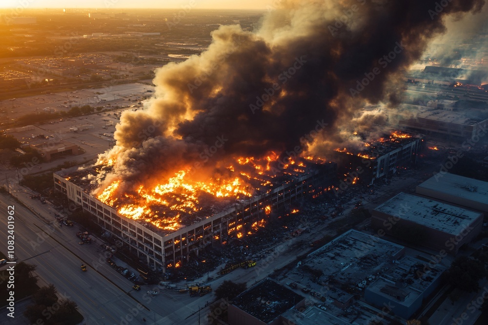 An aerial view of a burning office complex, flames engulfing multiple ...