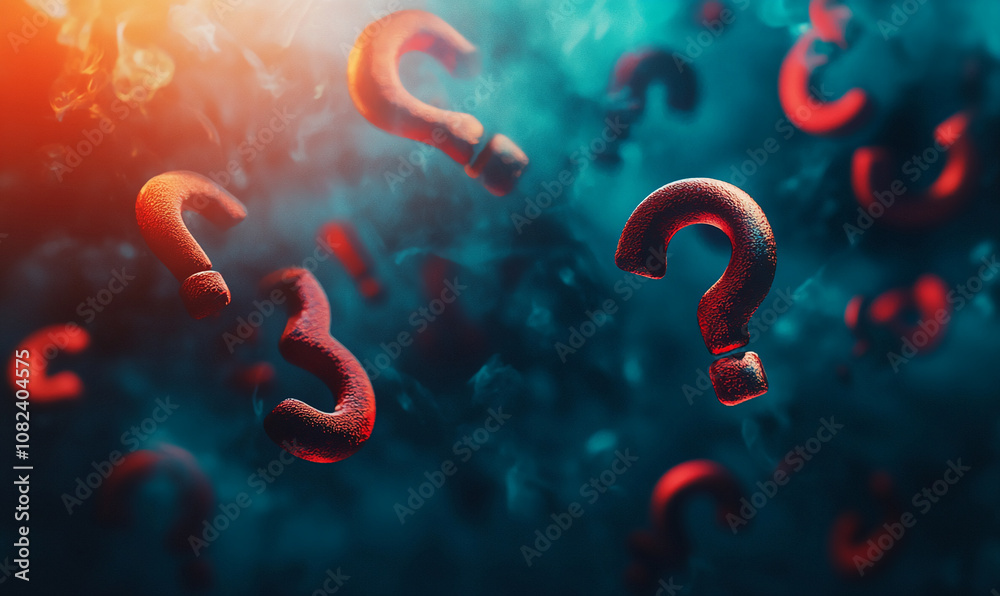 Red question marks float in a blue and orange smoky background ...