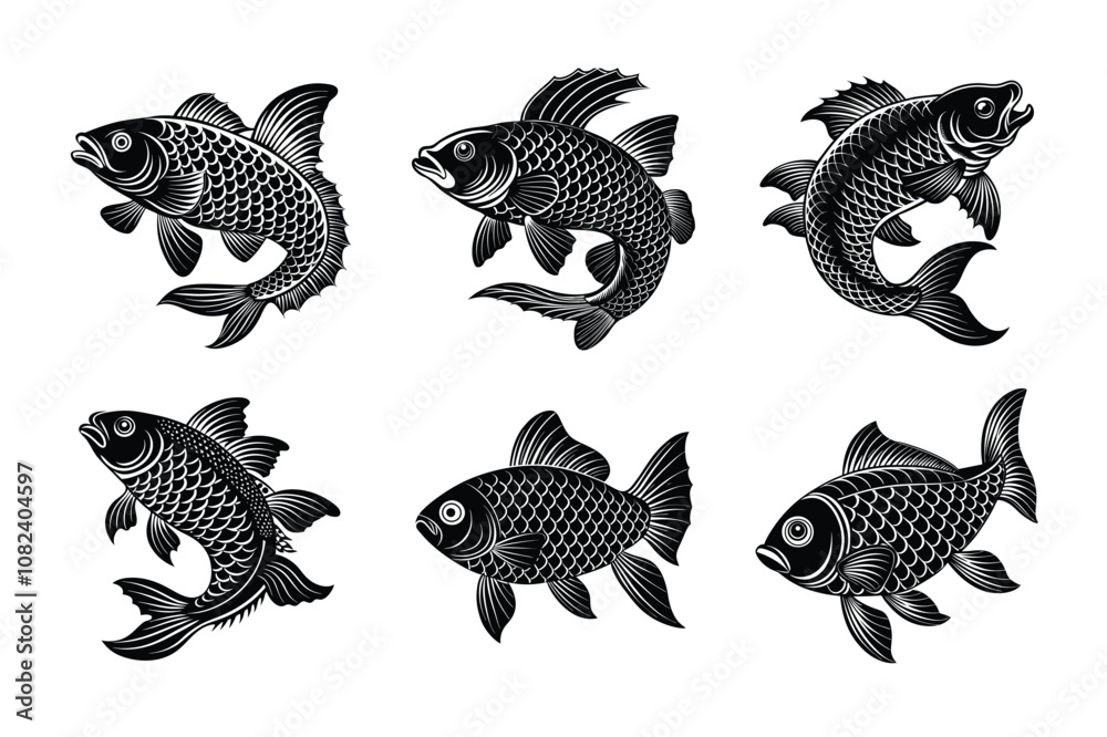 rui, rohu fish vector design, labeled line art and linocut silhouette ...