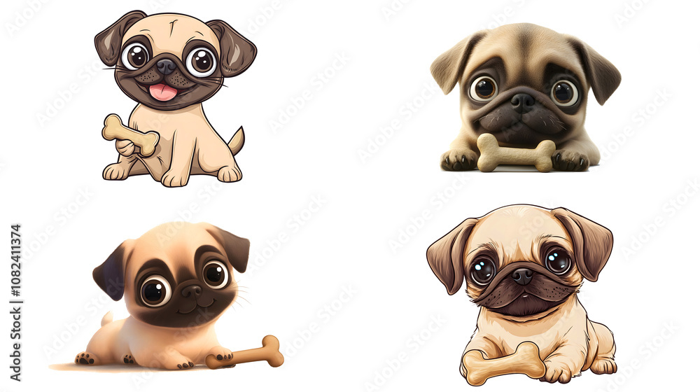 Cartoon small pug puppy with expressive wrinkles, holding a tiny bone ...