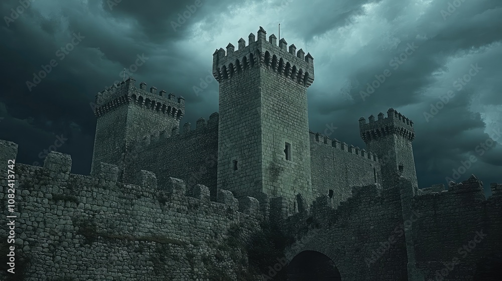 Majestic medieval castle under dramatic storm clouds with ominous skies ...