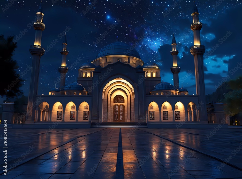 Starry sky over the ancient Top-social building of Istanbul, center is ...